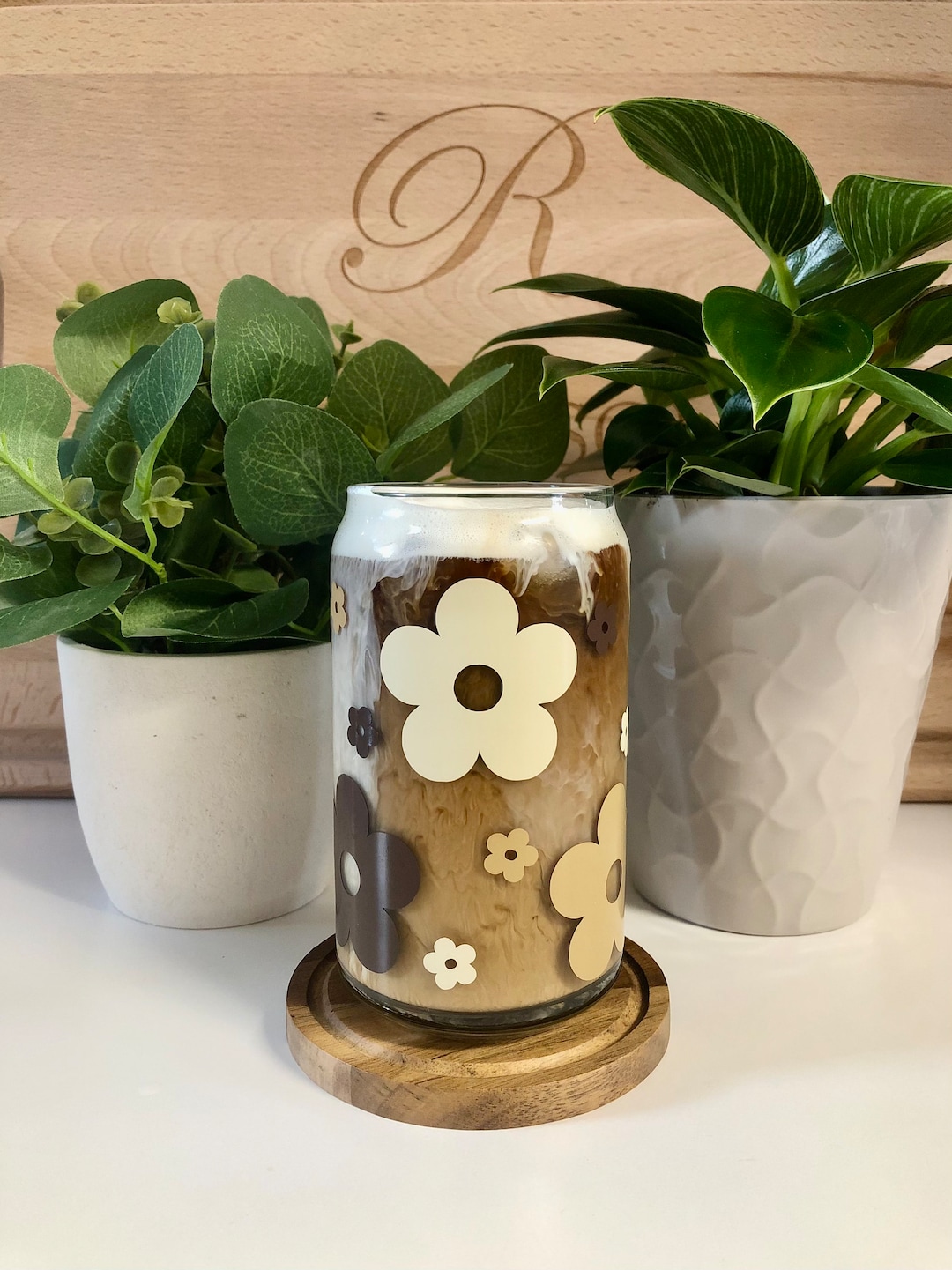 Neutral Jumbo Flower Glass Cup, Floral Iced Coffee Glass, Flower Cup ...