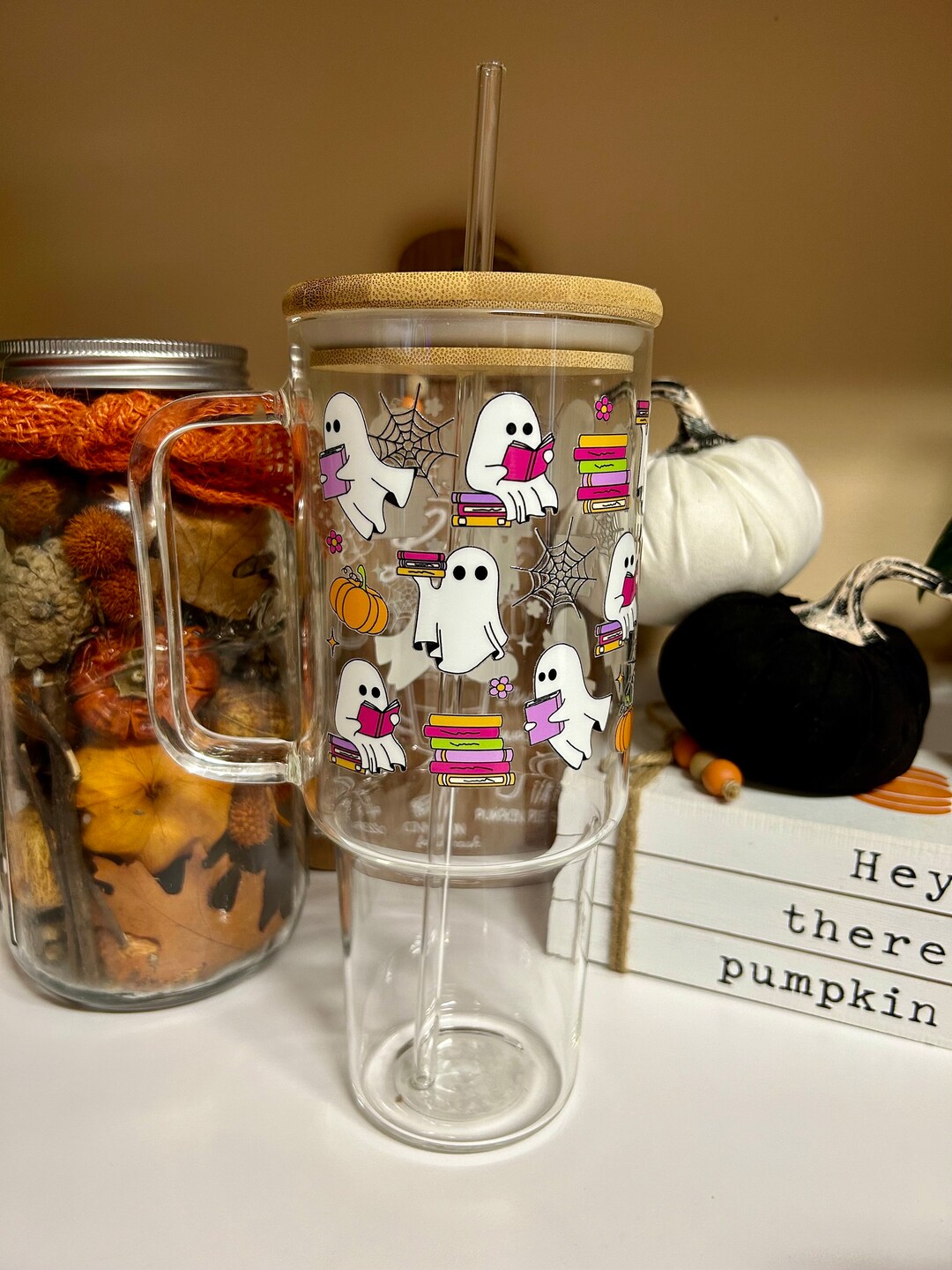 40oz Glass Tumbler With Handle, Ghosts and Books Glass Cup, Pumpkin ...