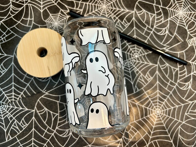 16oz Ghost Glass Cup With Bamboo Lid and Glass Straw, Halloween Iced ...