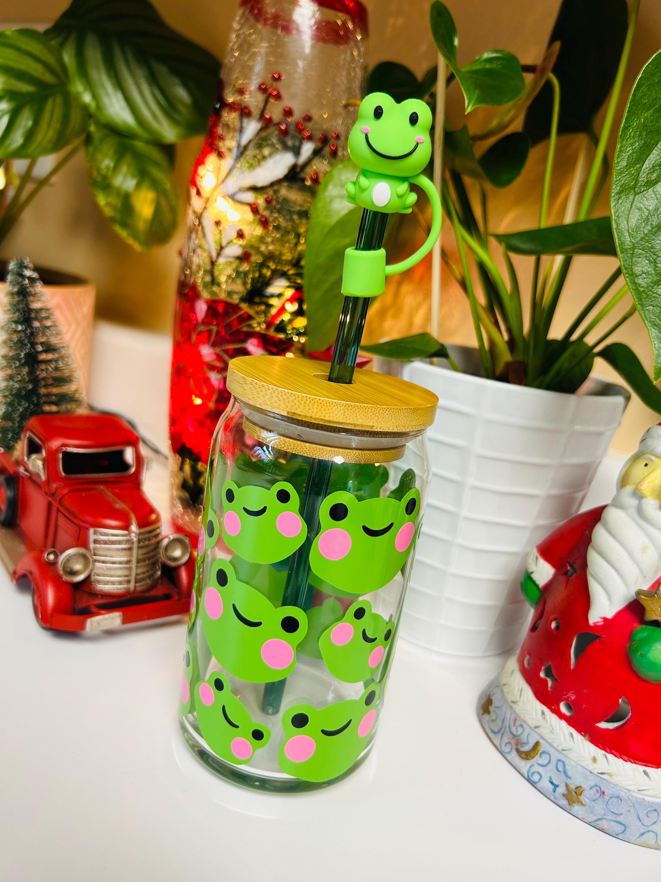 16oz Glass Frog Cup, Cute Frog Glass Can Cup With Bamboo Lid, Frog ...