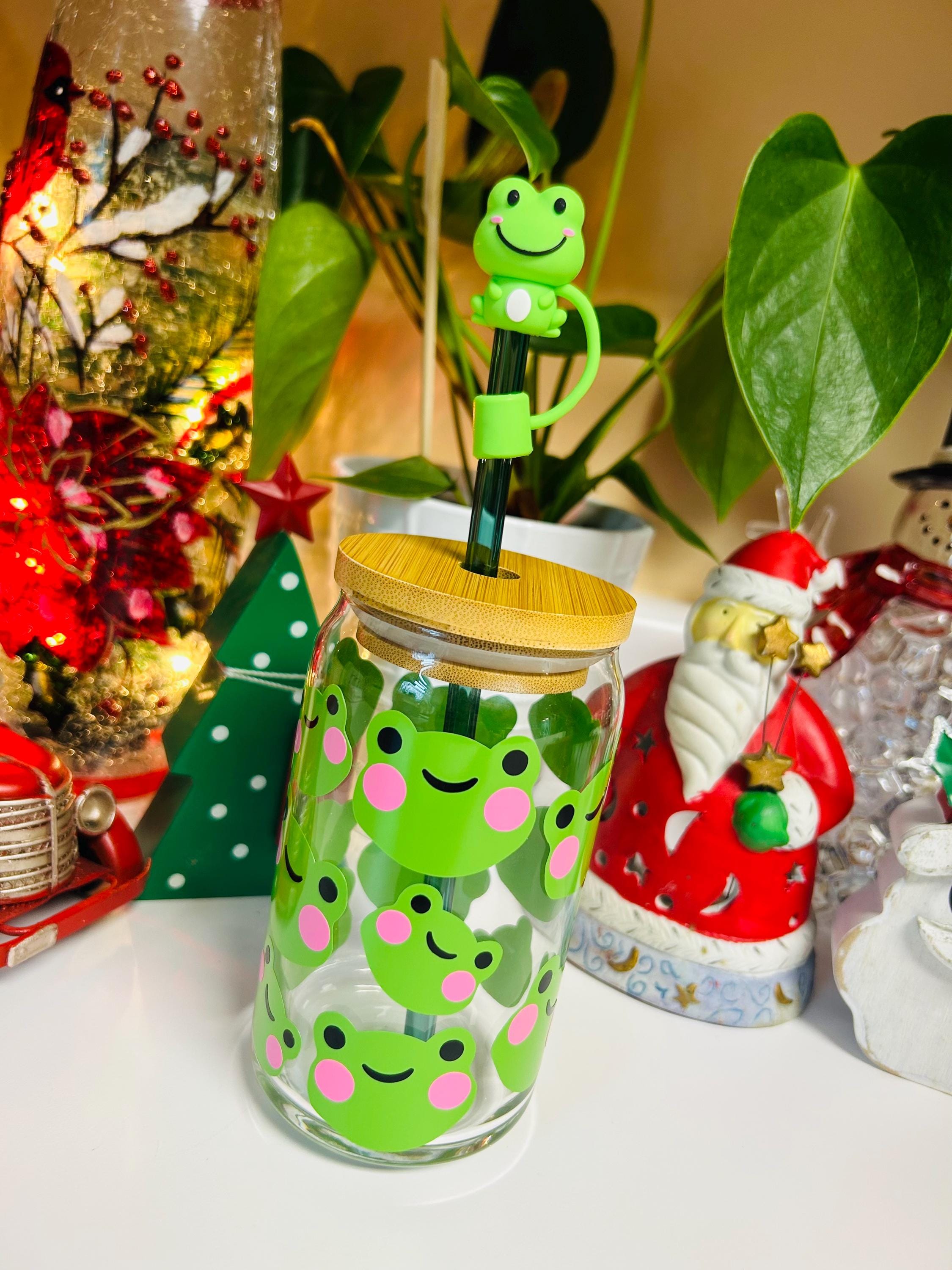 16oz Glass Frog Cup, Cute Frog Glass Can Cup With Bamboo Lid, Frog ...