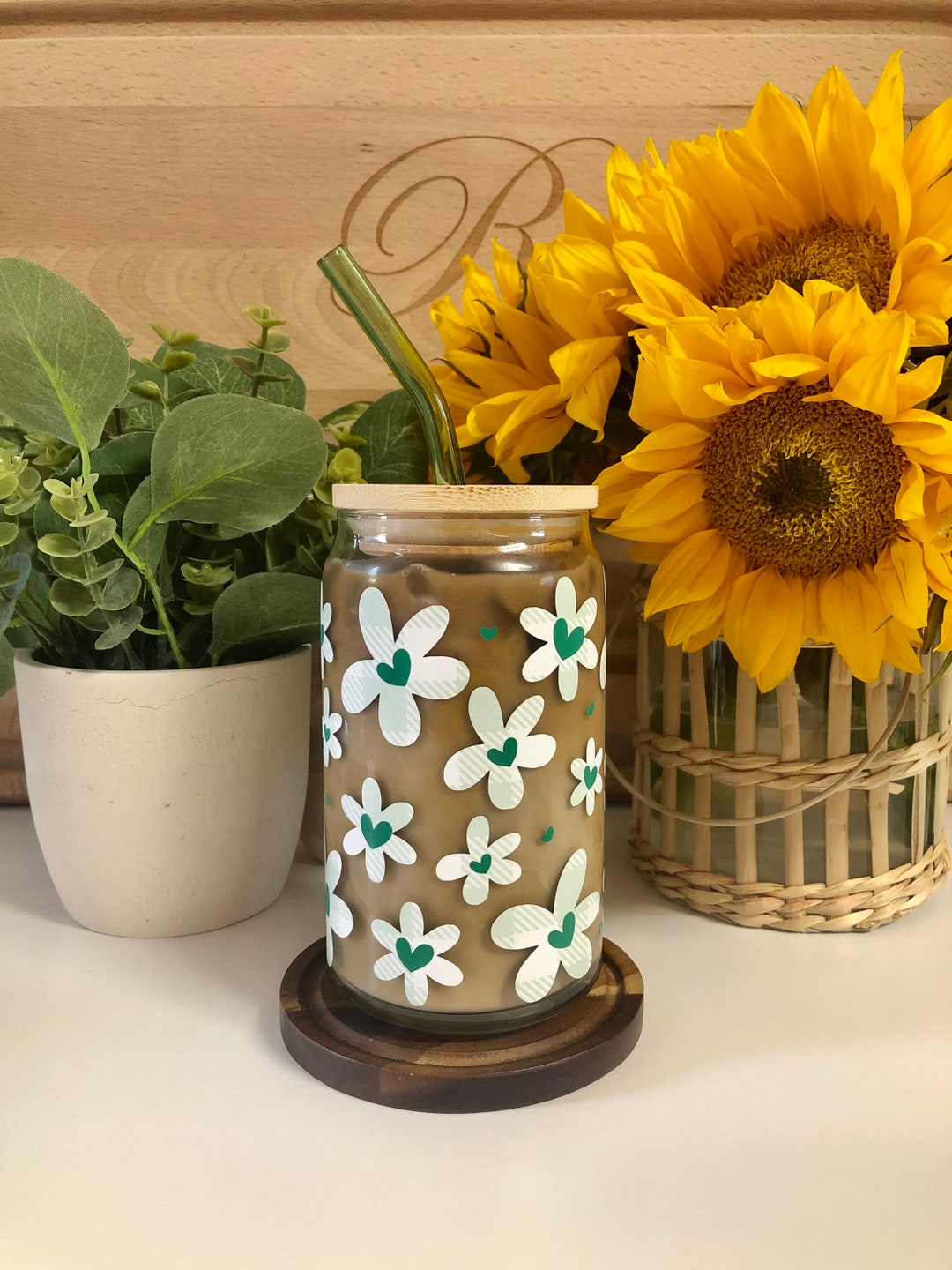 Flower Iced Coffee Glass, Spring Glass Tumbler, Flower Cup, Checkered ...