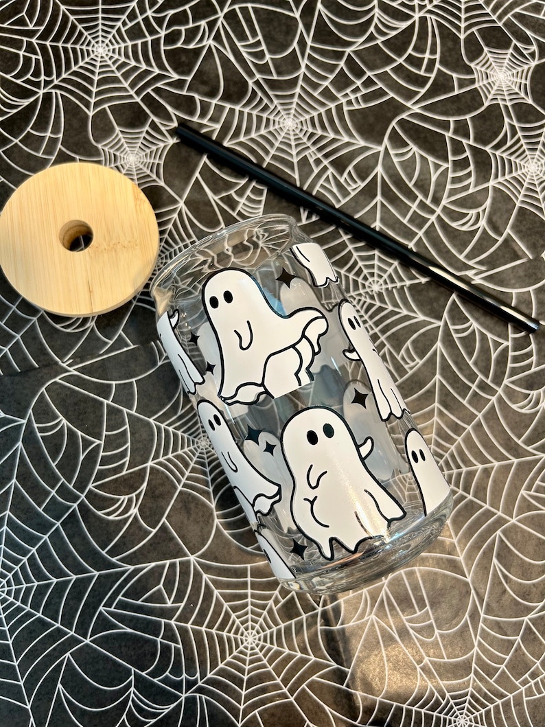 16oz Ghost Glass Cup With Bamboo Lid and Glass Straw, Halloween Iced ...
