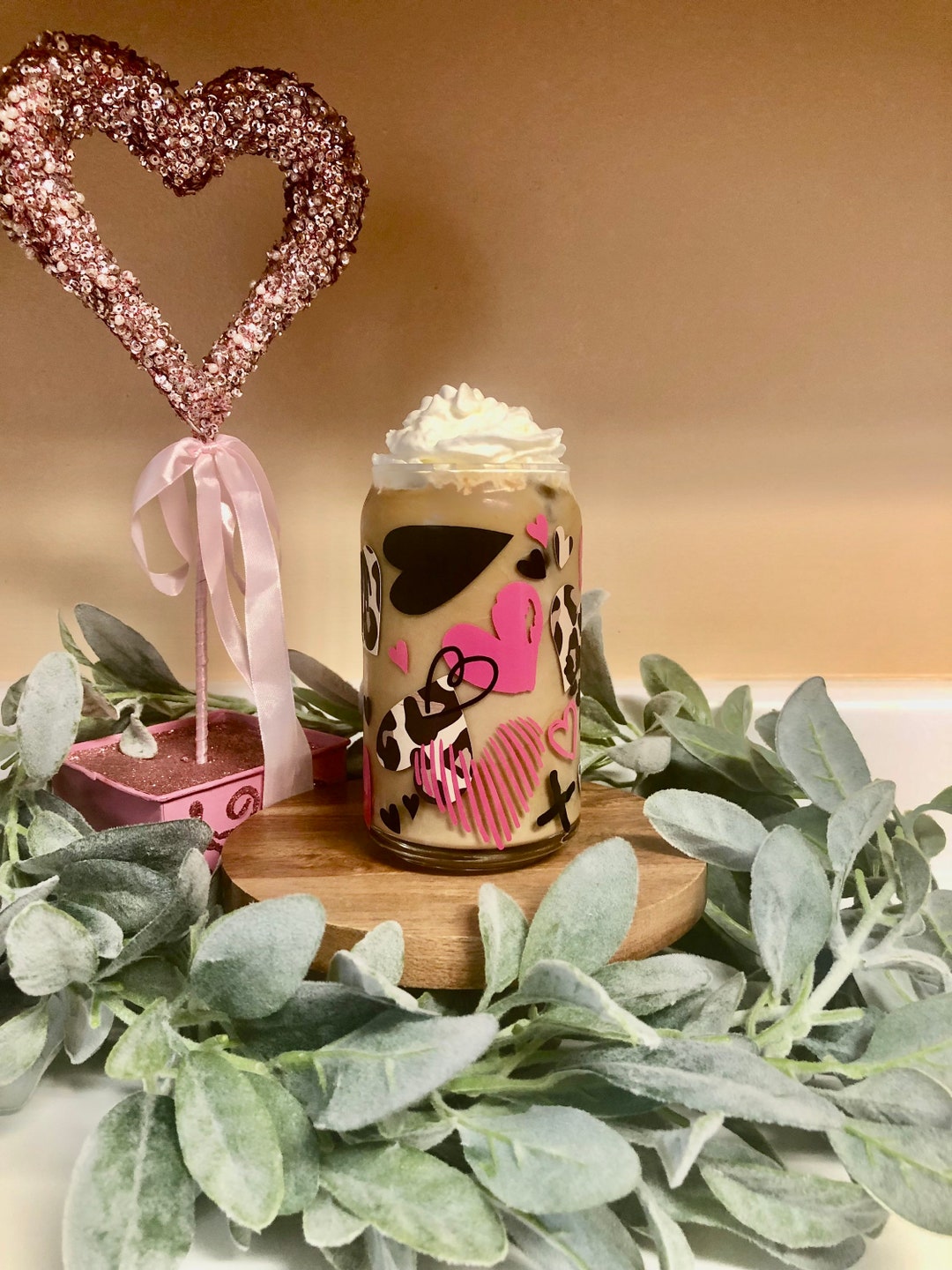 Pink Valentines Day Glass Cup, Heart Cup, Leopard Cup, Cute Valentine ...