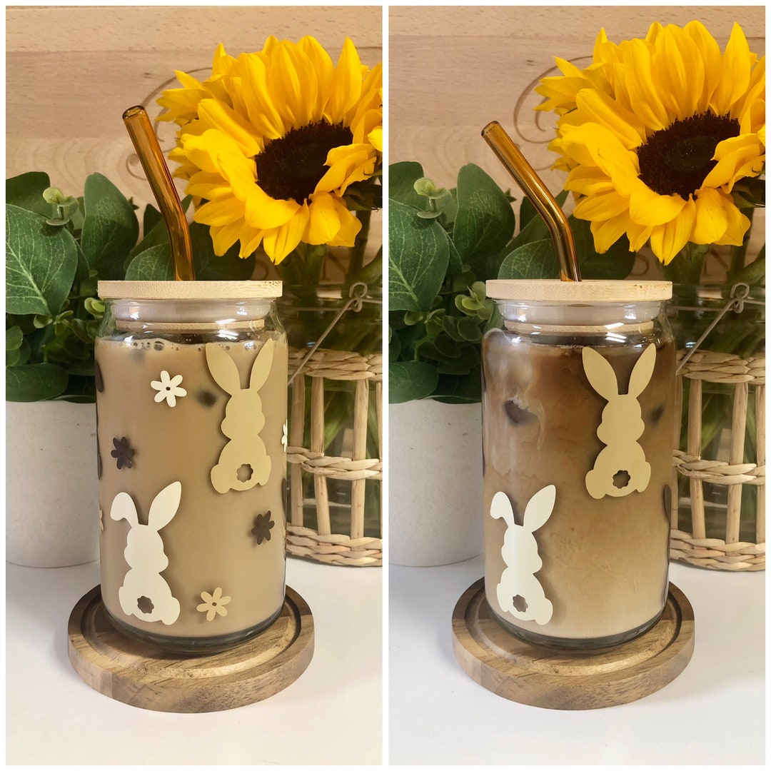 Bunny Glass Cup, Bunny Rabbit Iced Coffee Glass, Neutral Easter Cup ...