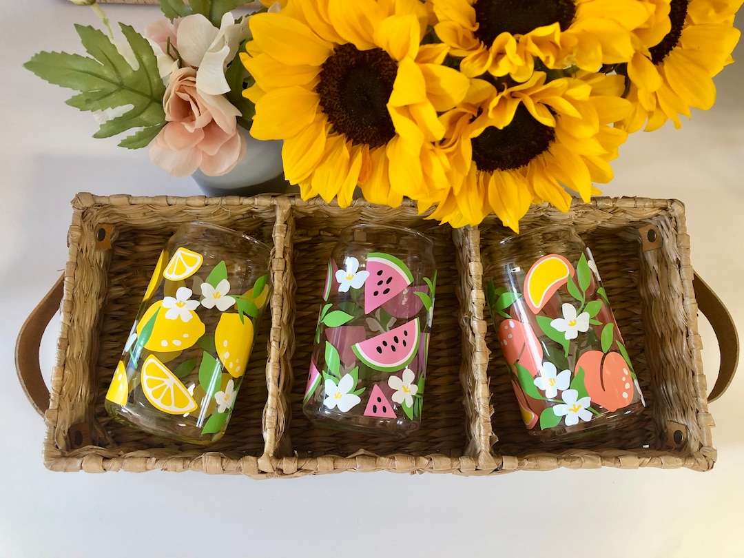 16oz Summer Fruit Glass Cup, Lemon, Watermelon, and Peach Floral Can ...