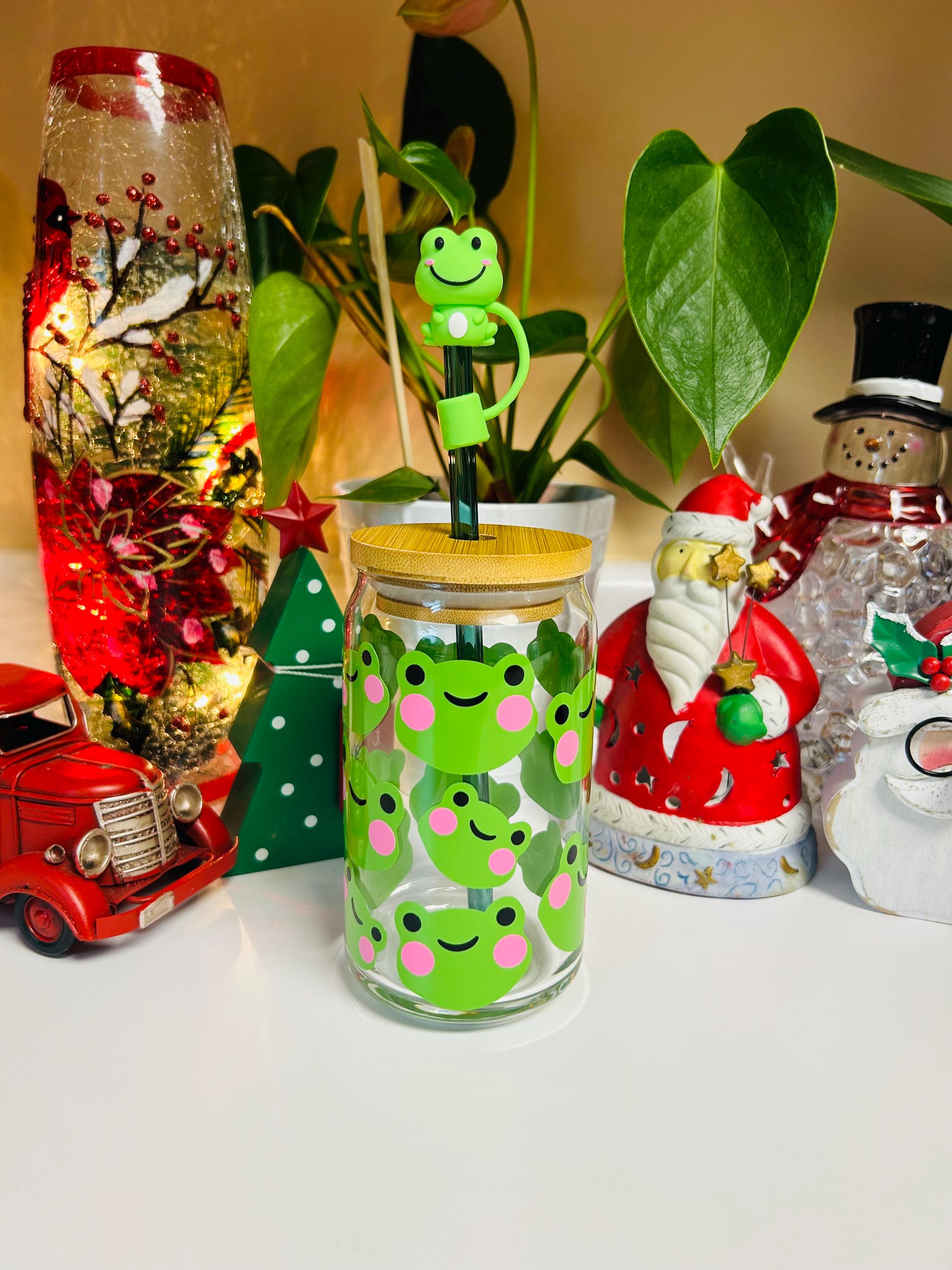 16oz Glass Frog Cup, Cute Frog Glass Can Cup With Bamboo Lid, Frog ...
