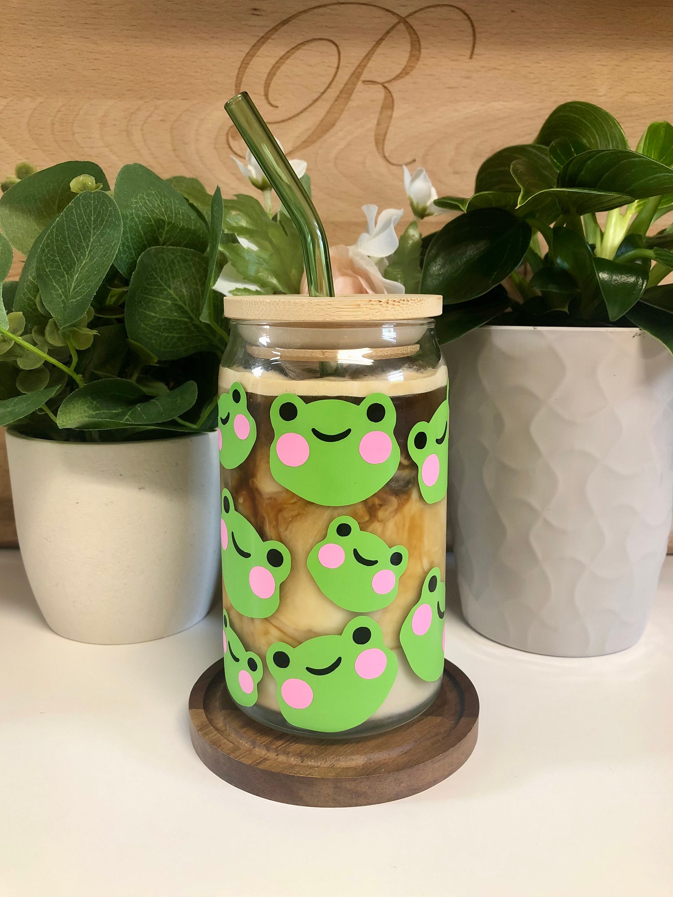 16oz Glass Frog Cup, Cute Frog Glass Can Cup With Bamboo Lid, Frog ...