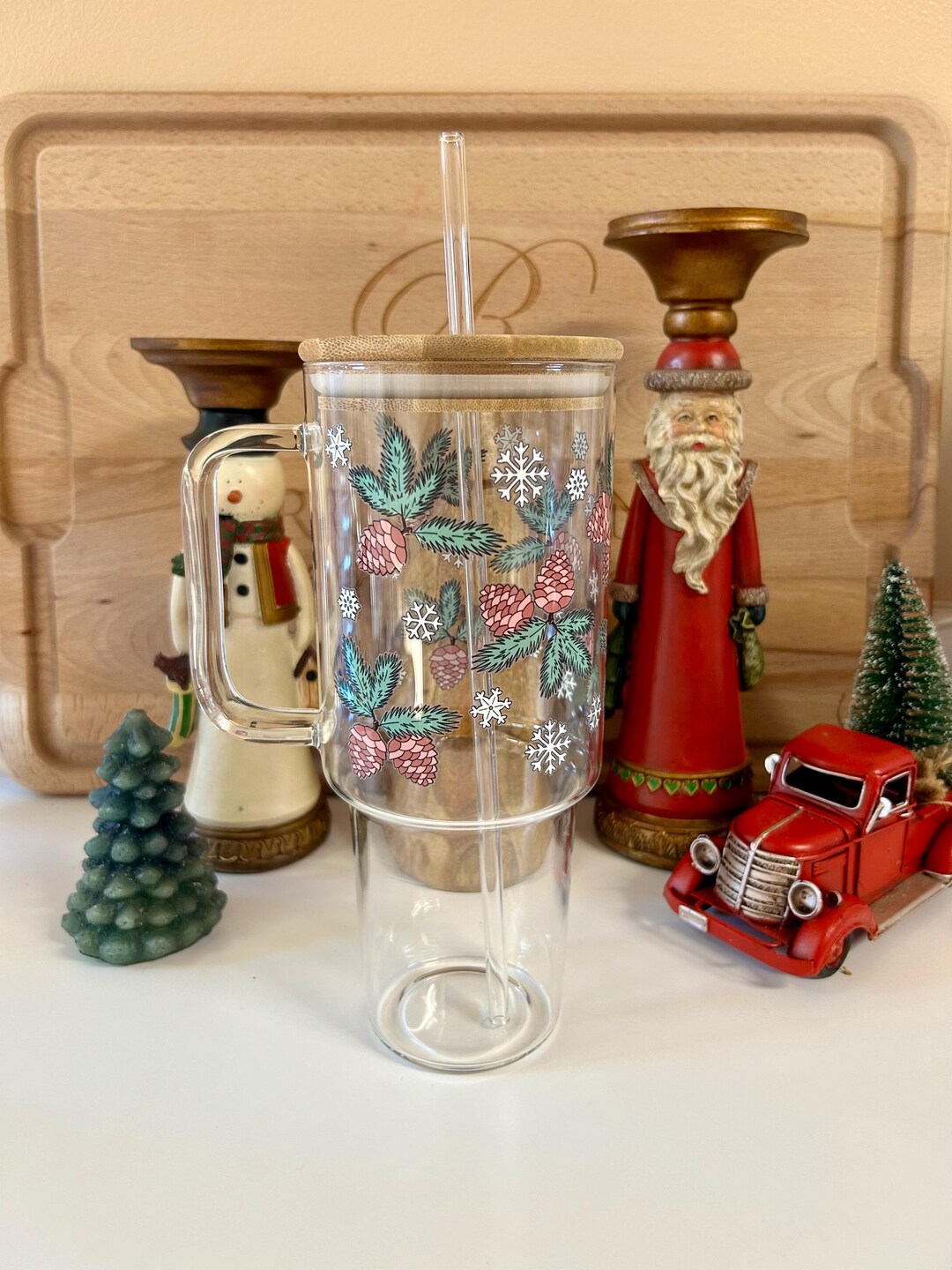 40oz Glass Tumbler With Handle, Christmas Pinecone Cup, Holiday Pine ...