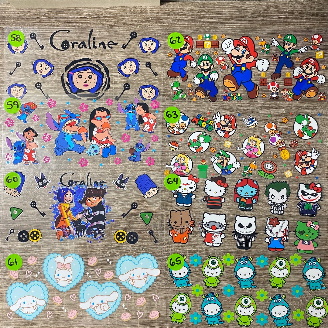 Hello Kitty Coraline Stitch Mario Bros 16oz UV DTF Transfer Cup Wrap ...