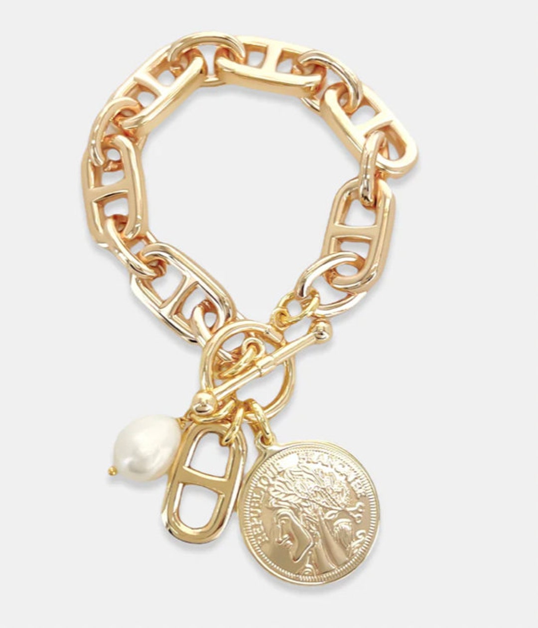 Mariner Coin & Pearl Chain Bracelet - Etsy