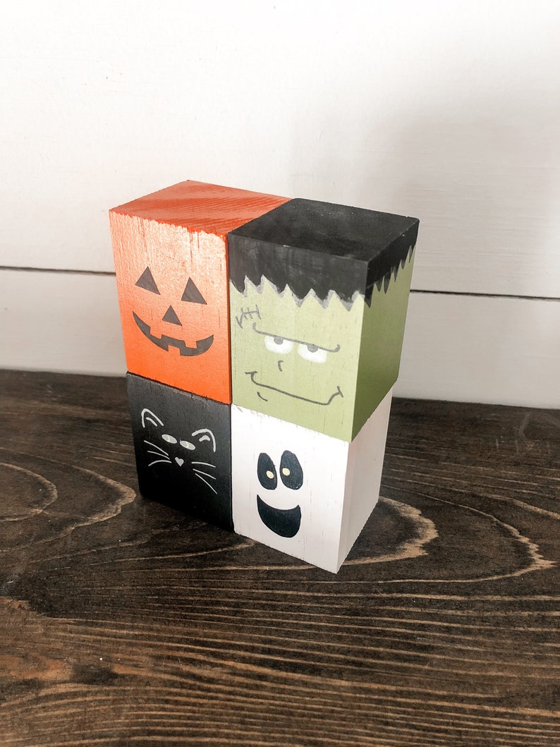 Wooden Halloween Blocks, Set of 4: Frankenstein, Pumpkin, Black Cat ...