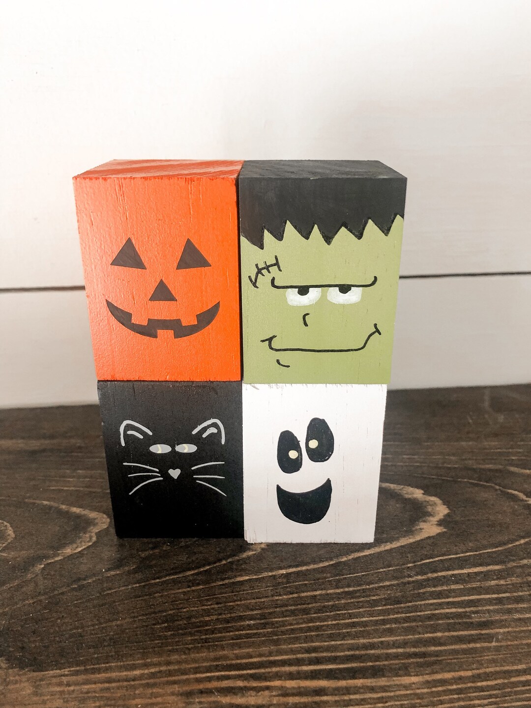Wooden Halloween Blocks, Set of 4: Frankenstein, Pumpkin, Black Cat ...