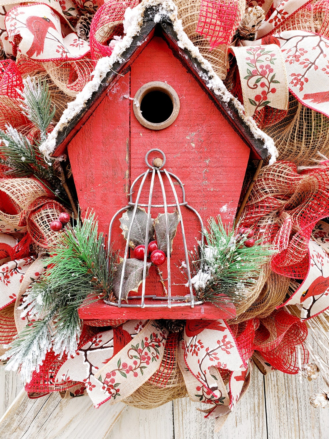 Red Birdhouse Winter Wreath, Cardinal Birdhouse Wreath, Red Birdhouse ...