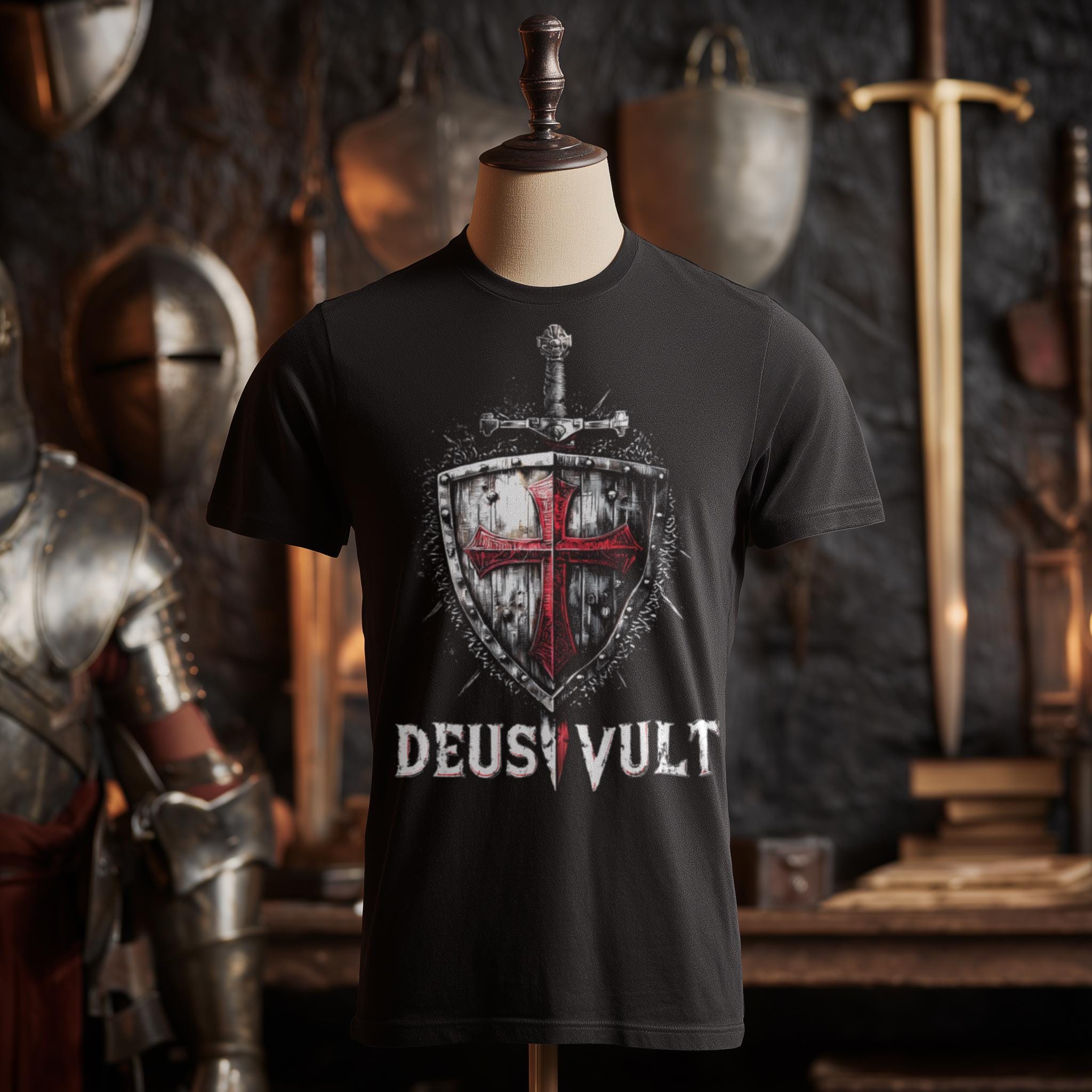 Deus Vult Crusader Shield T-shirt: Templar Cross Christian Warrior Tee ...