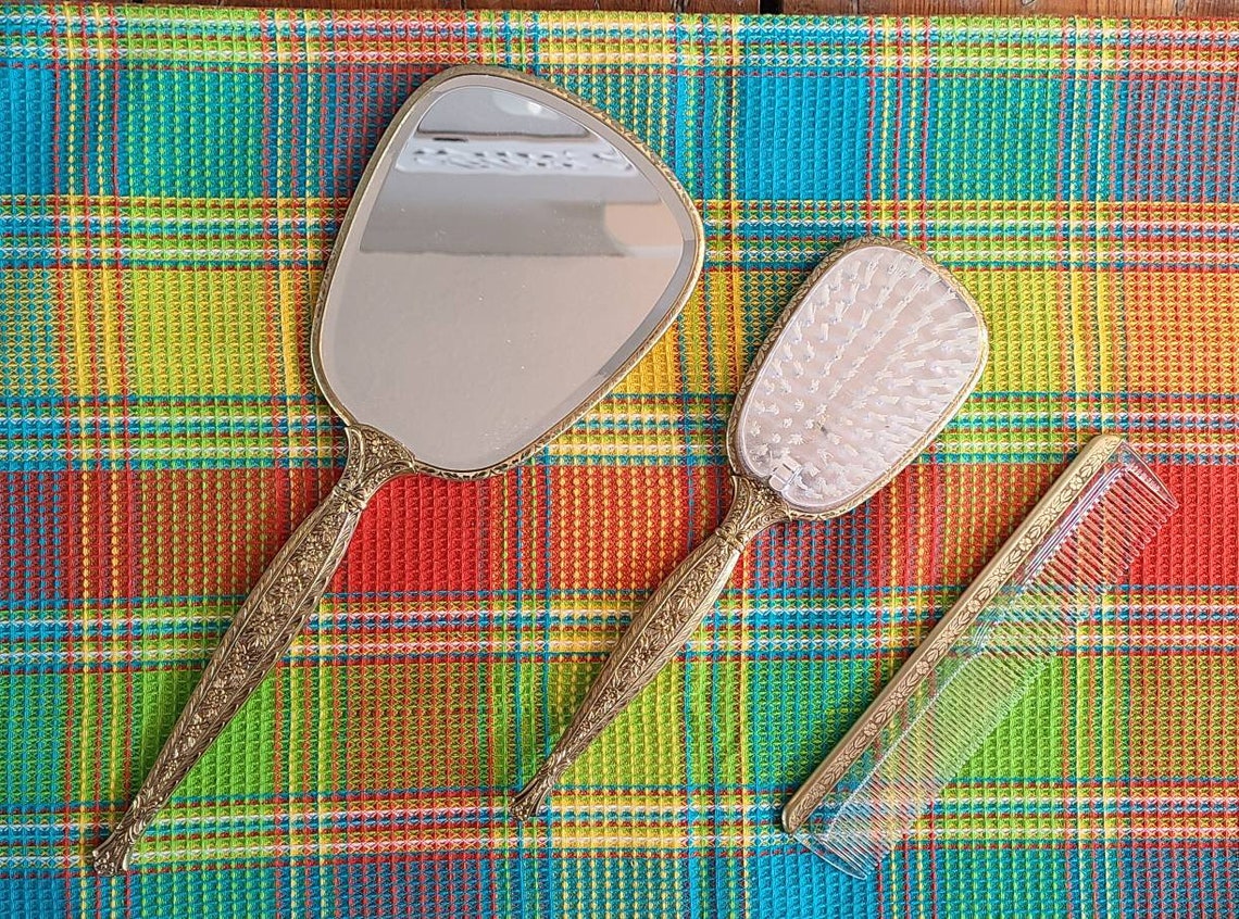 Vintage Gold Colored Hand Mirror Brush And Comb Set With Etsy