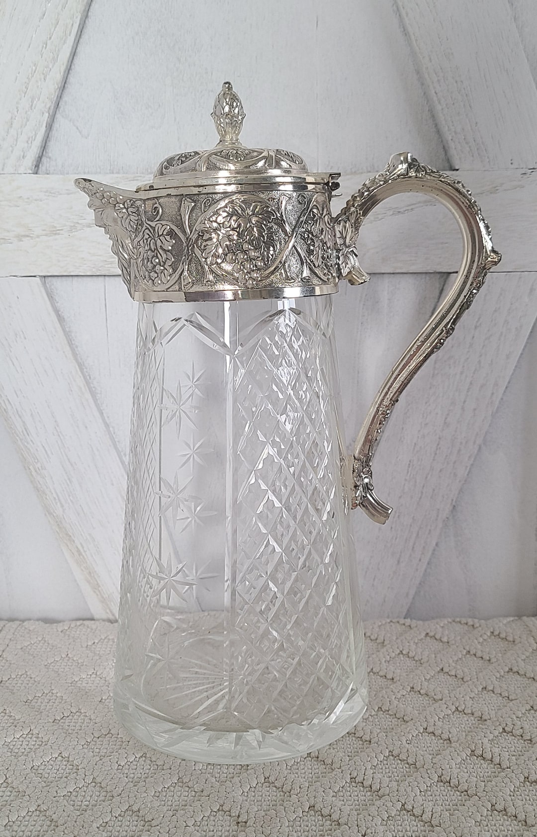 Antique Cut Glass Pitcher With Silver Plated Collar and Hinged Lid - Etsy