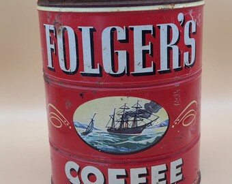Vintage 1950's-1960's Folger's Coffee 1lb Coffee Can, Red and White ...