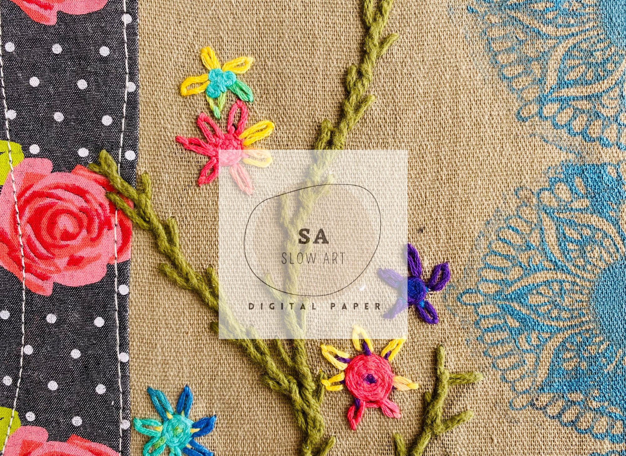 Embroidered Digital Papers, Red Roses, Blue Jeans. Collage Sheets ...