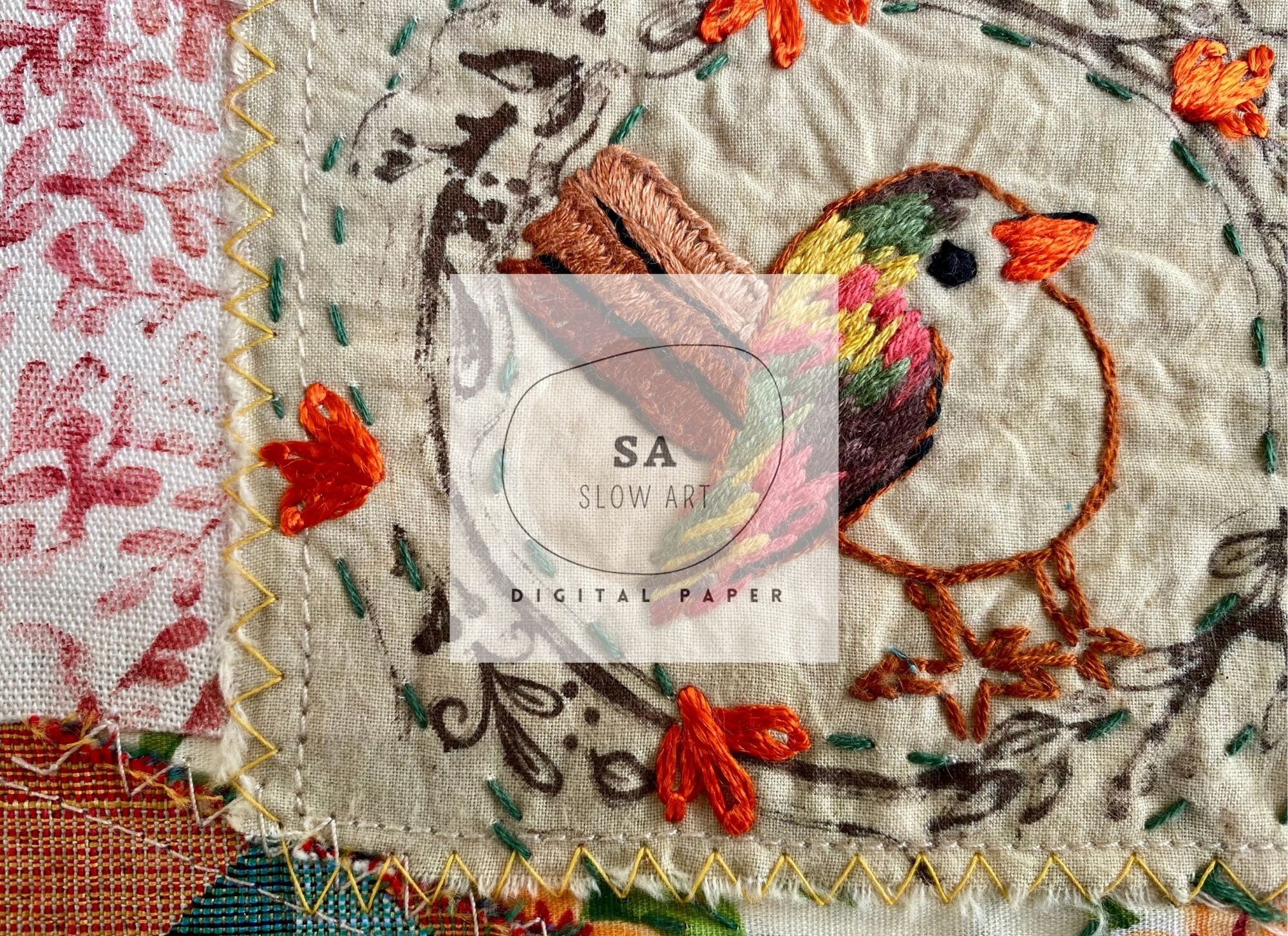 Floral Digital Paper Pack. Bird Themed Embroidery. Slow Stitch, Collage ...
