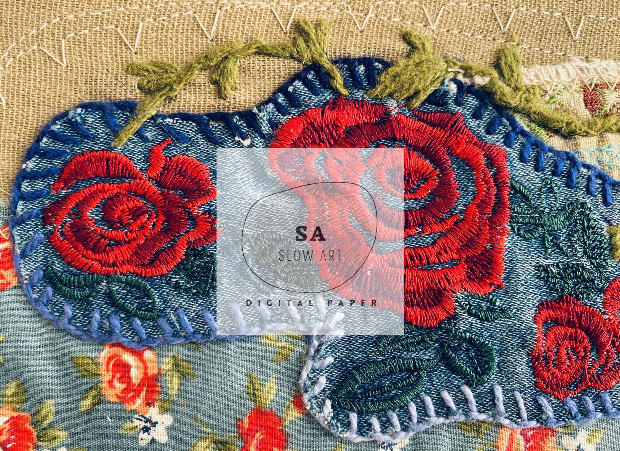 Embroidered Digital Papers, Red Roses, Blue Jeans. Collage Sheets ...
