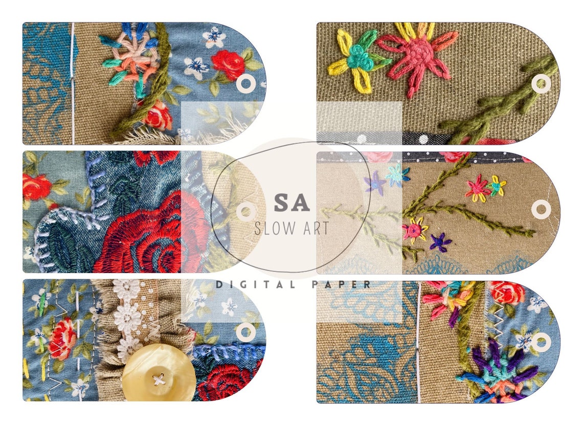 Embroidered Digital Papers Red Roses Blue Jeans. Collage - Etsy