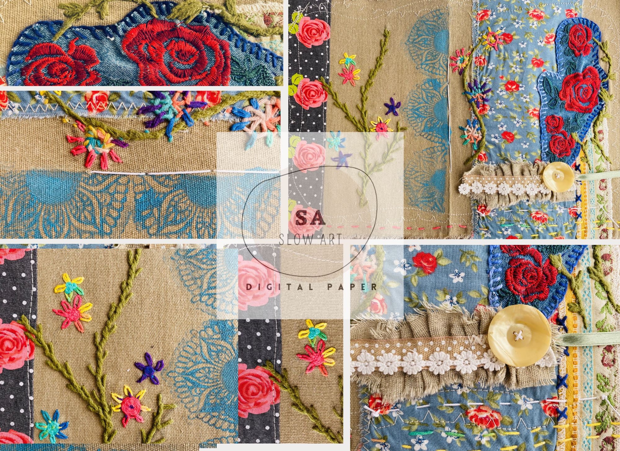 Embroidered Digital Papers Red Roses Blue Jeans. Collage - Etsy
