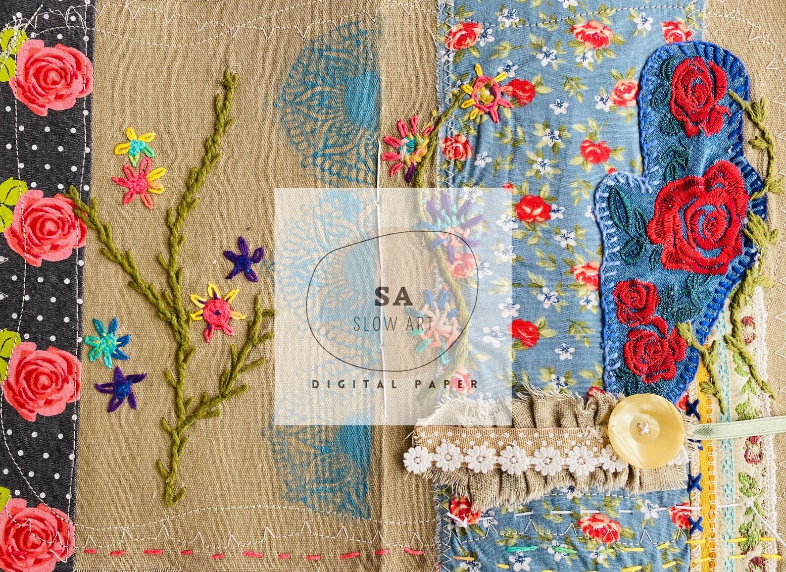 Embroidered Digital Papers Red Roses Blue Jeans. Collage - Etsy