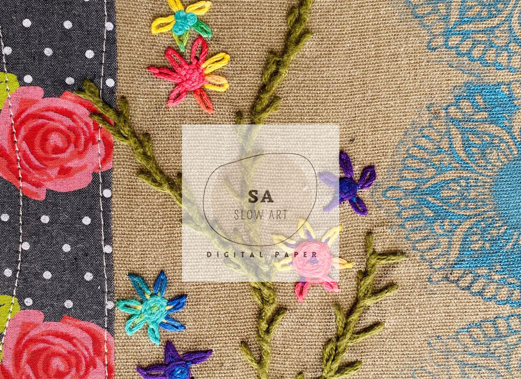 Embroidered Digital Papers Red Roses Blue Jeans. Collage - Etsy