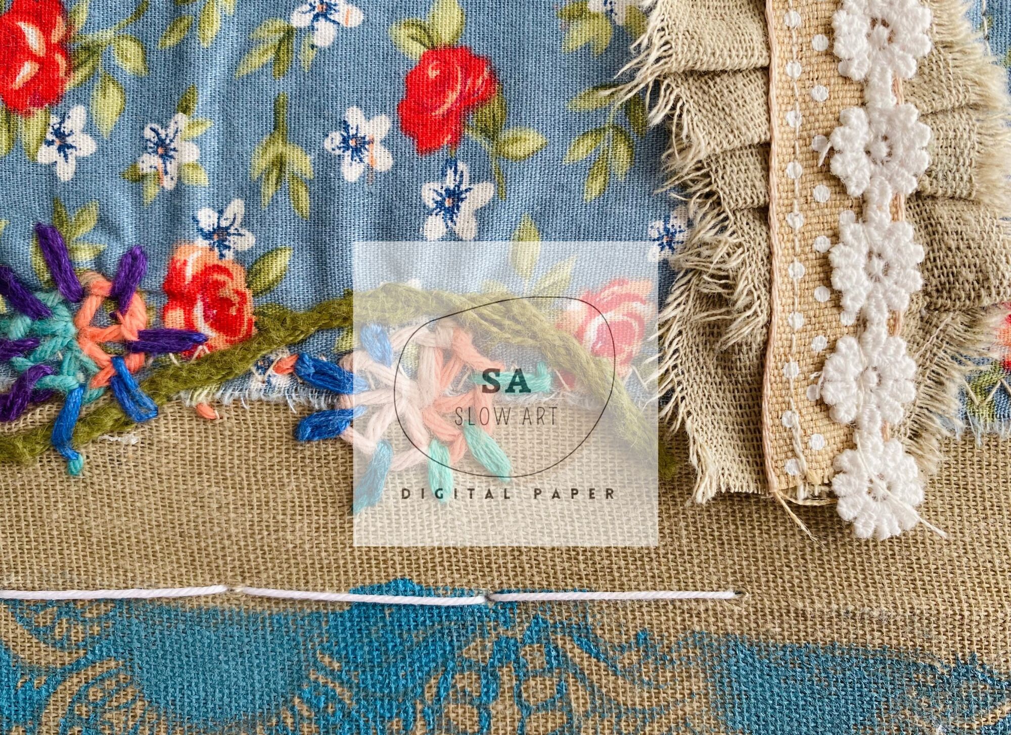 Embroidered Digital Papers Red Roses Blue Jeans. Collage - Etsy