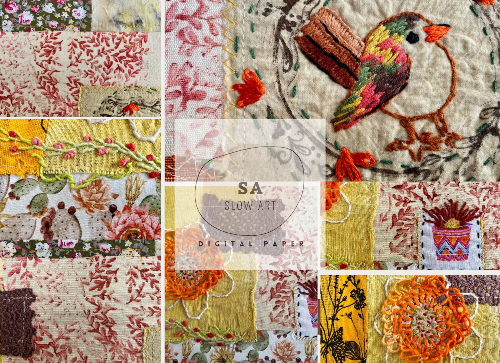 Floral Digital Paper Pack. Bird Themed Embroidery. Slow Stitch, Collage ...