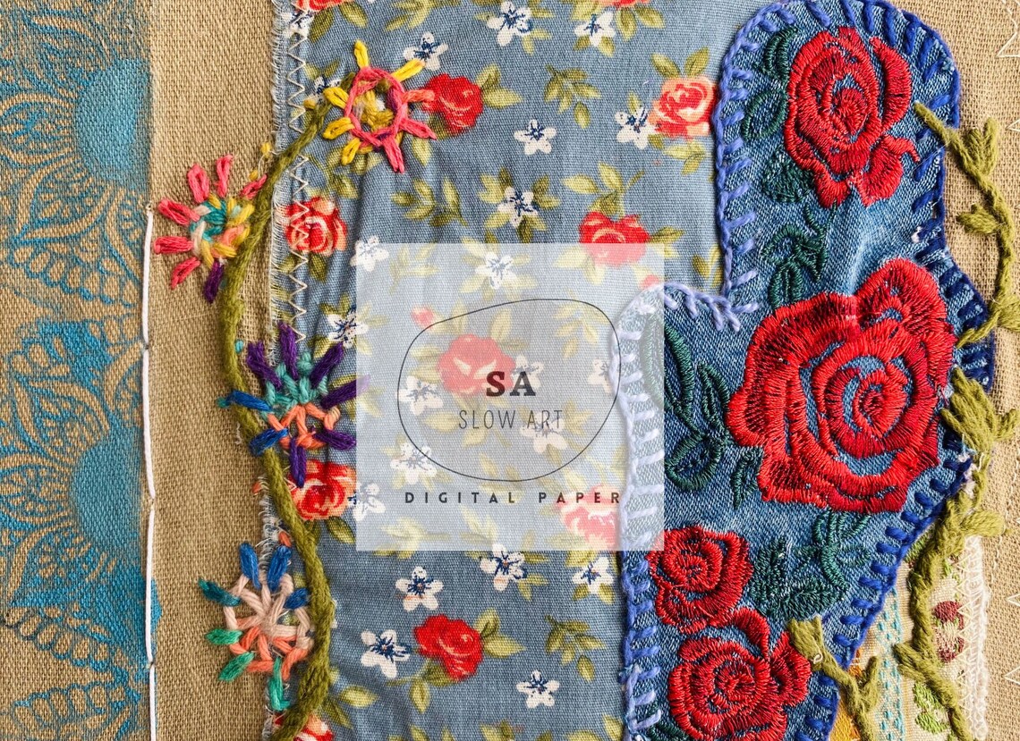 Embroidered Digital Papers Red Roses Blue Jeans. Collage - Etsy