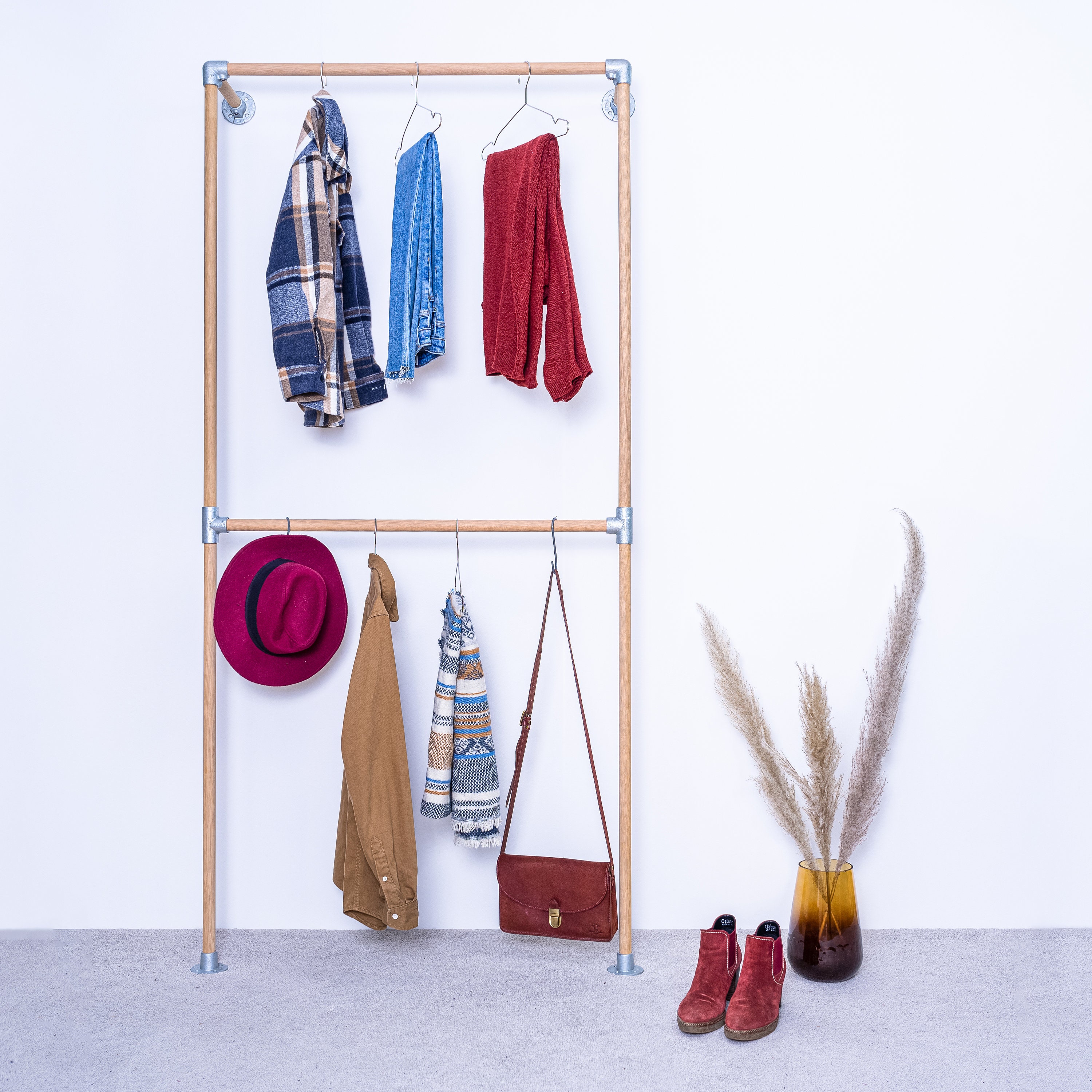 Wooden Clothes Rack Made of Oak for Wall Mounting L Coat Rack L Double ...