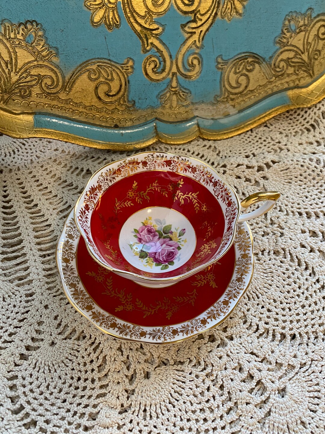 Vintage Large Royal Standard Bright Red and Gold Tea Cup and Saucer ...