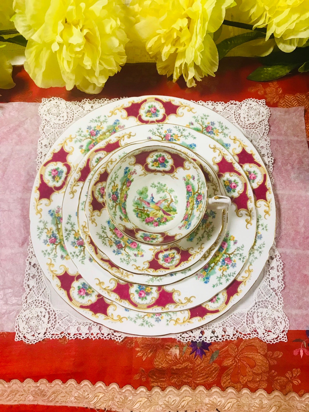 Vintage Heathcote 5-PC Dinner Set Bone China England, Bird Rose Tree ...