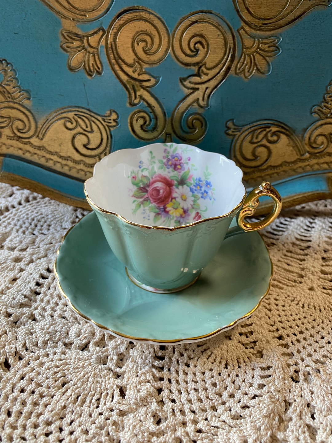 Unique Shaped Sage Green Paragon Tea Cup and Saucer With Pink Flowers ...