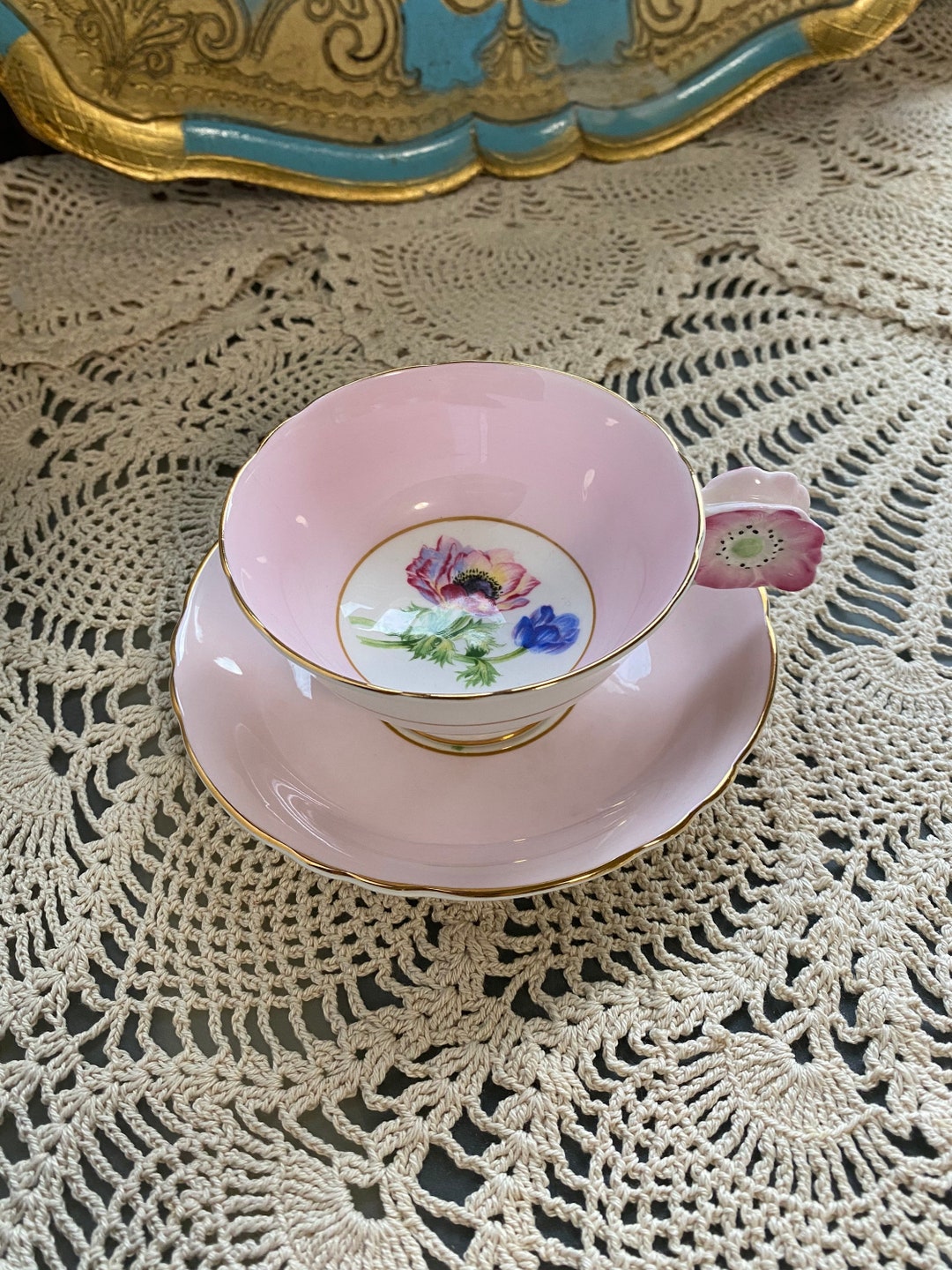 As is Rare Double Warrant Pink Paragon Flower Handled Tea Cup and ...
