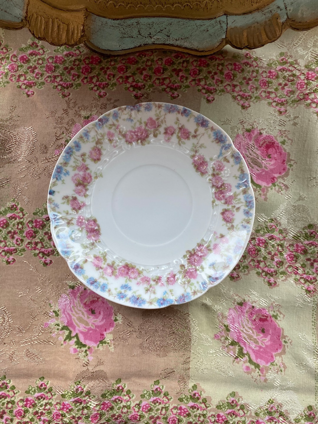 GOA Limoges France Orphan Saucer With Pink Roses Swag and Blue Border ...