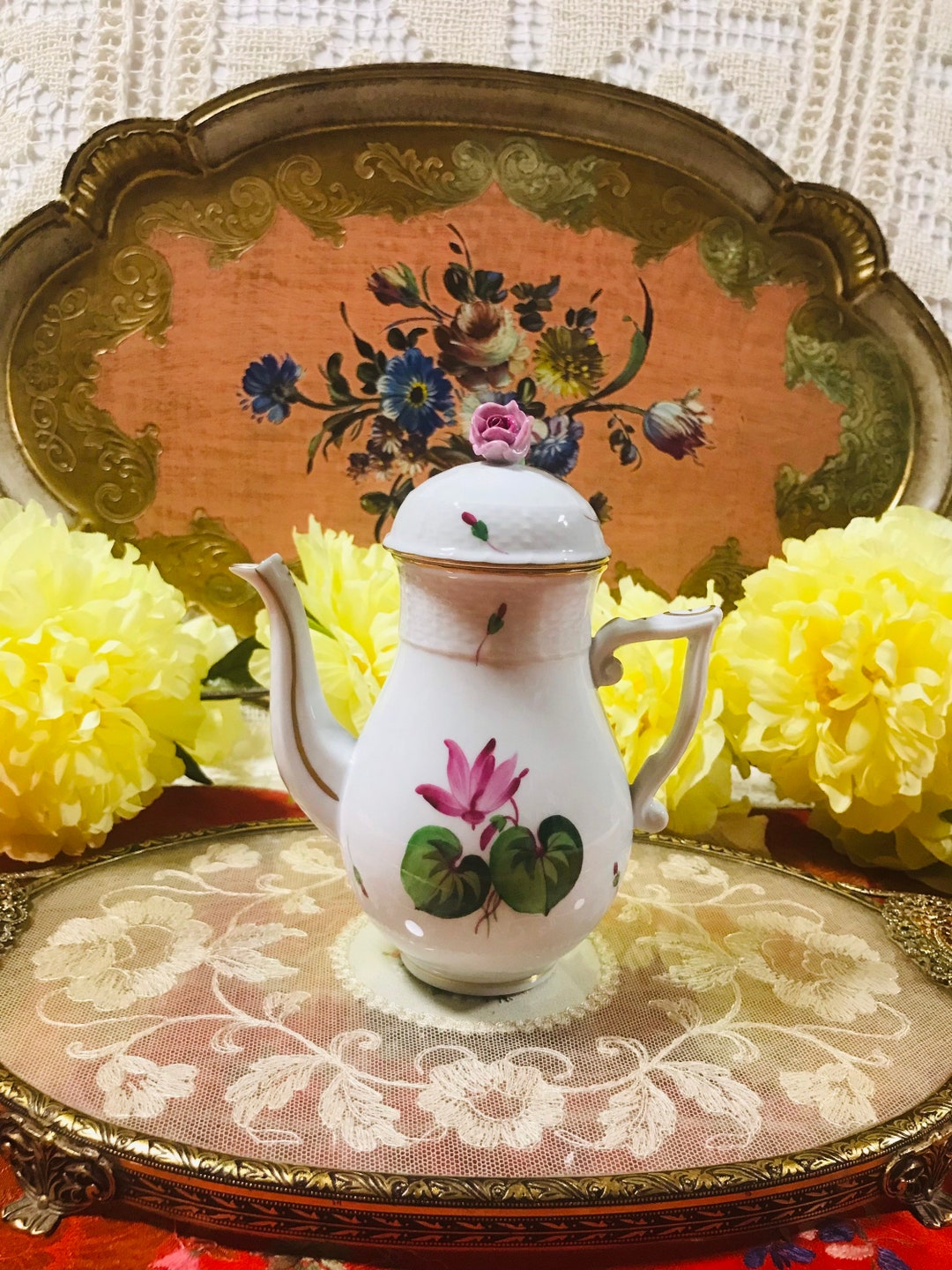 Vintage Herend Hungary Hand Painted Florral Pink Rose Finial Rose Lid ...