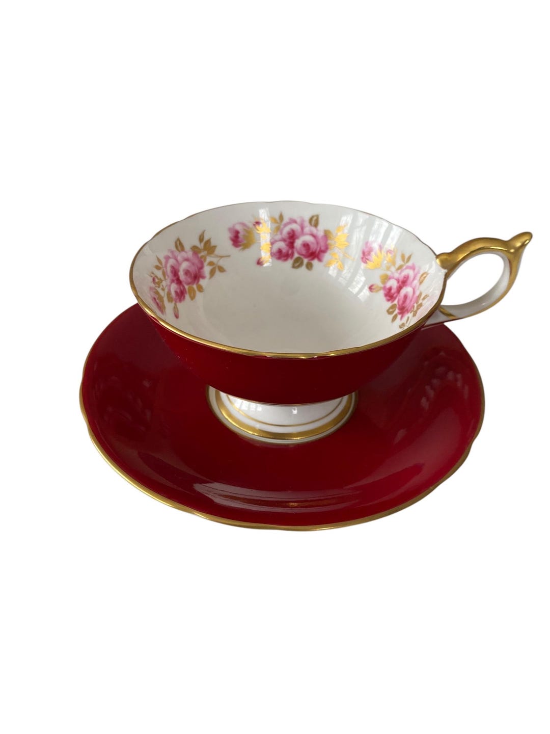 Vintage Aynsley Burgundy Red Extra Large Tea Cup and Saucer With Pink ...