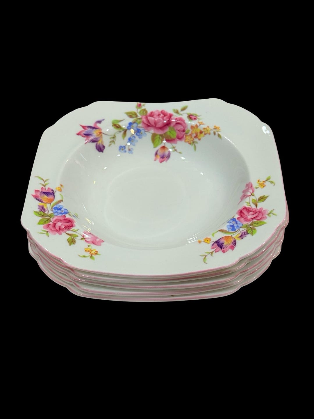 Shelley Pink Rose Square Soup Bowls ( Set of 5) Pink Trim and Sprays of ...
