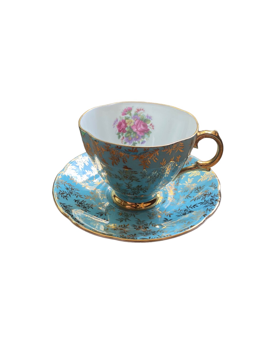Royal Stuart Blue Tea Cup and Saucer With Little Pink Roses and Gold ...