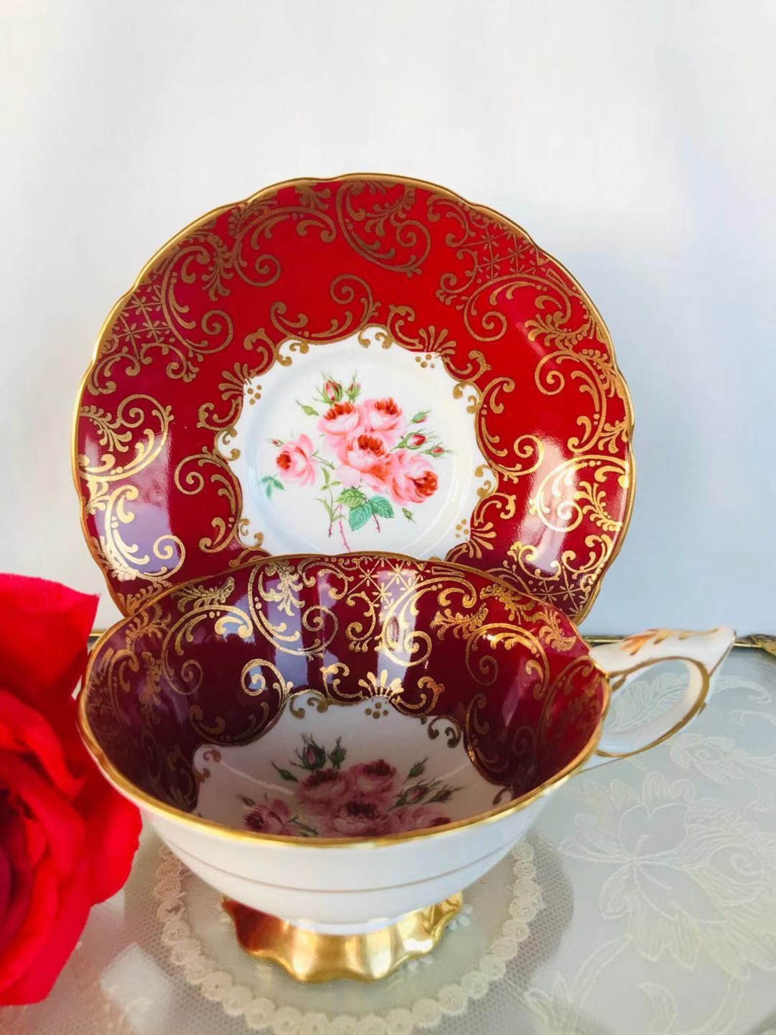 Stunning Rare Red Royal Stafford Tea Cup and Saucer With Pink ...