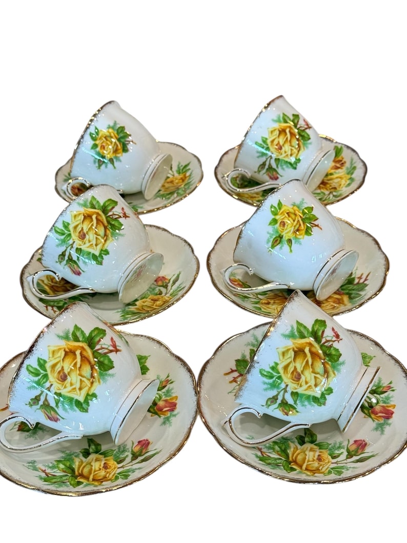 Royal Albert Tea Rose Yellow Rose Set of 6 Tea Cups and Saucers Bone ...