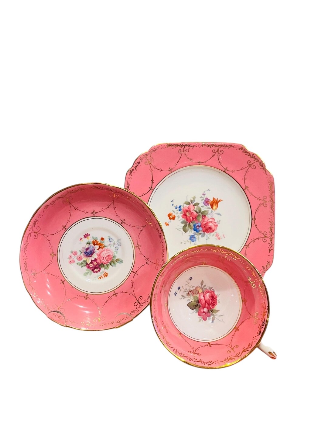 Rare Antique Trio Grosvenor China Old English Pink Floral Tea Set ...