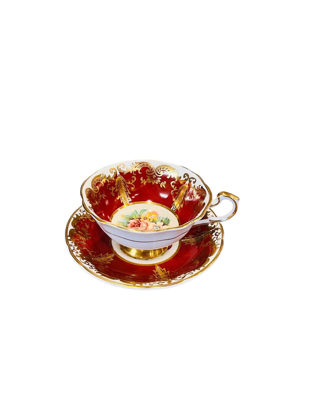Gorgeous Vintage Dark Red With Flowers and Heavy Gold Details Tea Cup ...