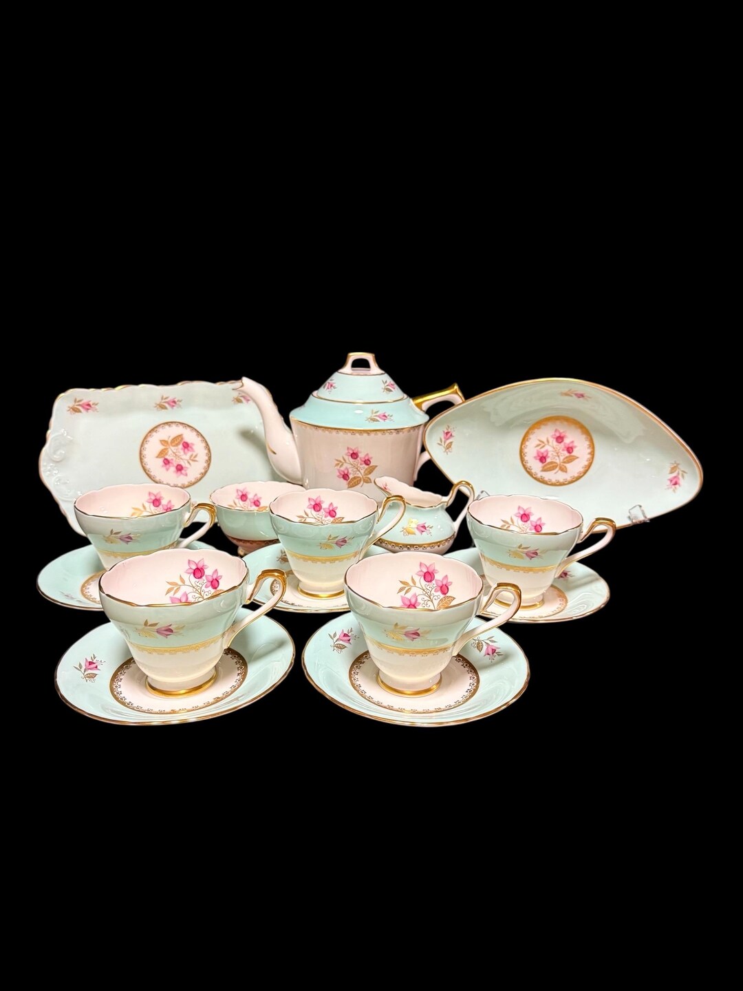 Vintage HM Sutherland Tea Set: Turquoise Floral Bone China, 16-piece - Etsy