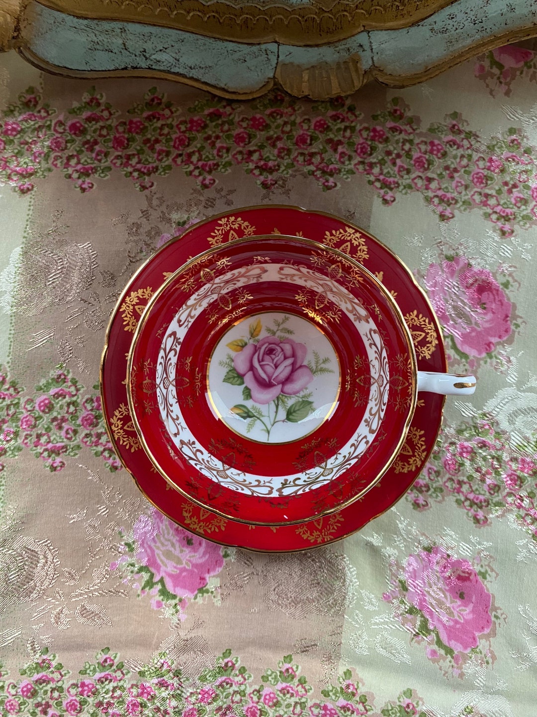 Vintage Royal Grafton Red Tea Cup and Saucer With Large Pink Cabbage ...