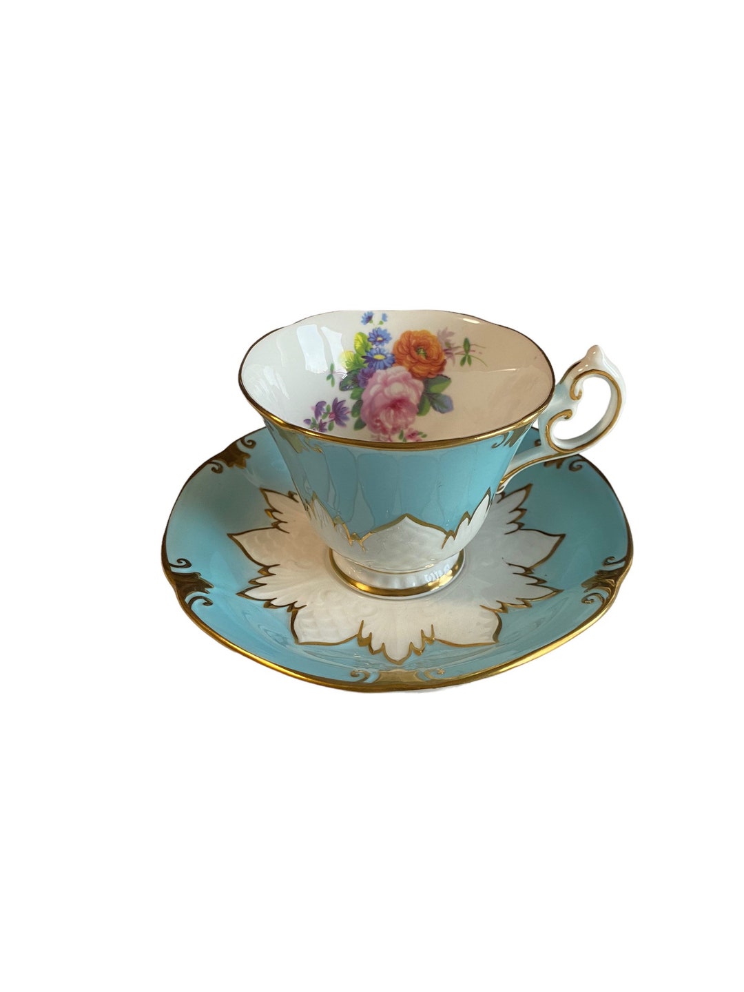Paragon Blue and Gold Tea Cup and Saucer With Pink Flowers (back Stamp ...