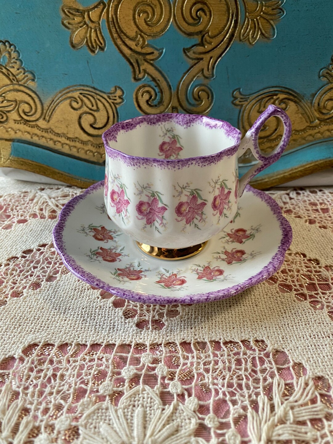 Unique Rosina Purple Mauve Tea Cup and Saucer With Little Pink Flowers ...